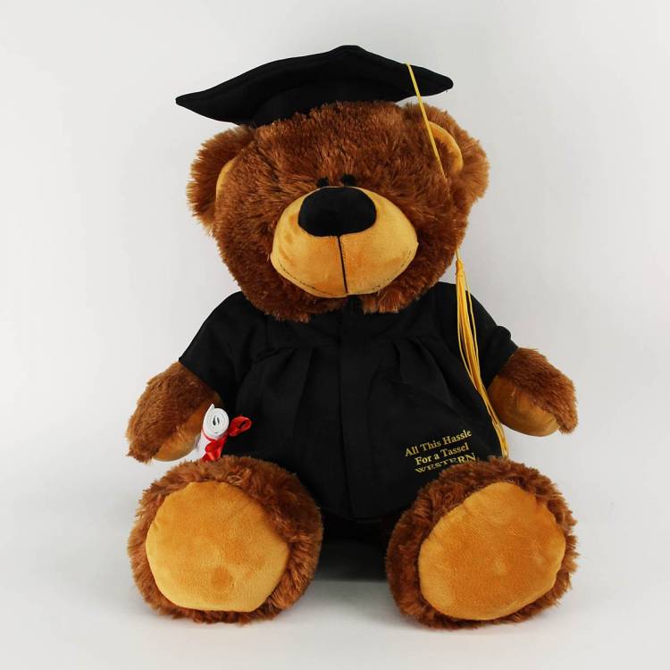 Brown Grad Bear with Cap Gown Dellelce Family Bookstore